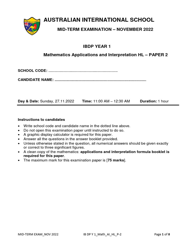 IB DP Y1 Mid Term Math AI HL Paper 2 | PDF | Angle | Triangle