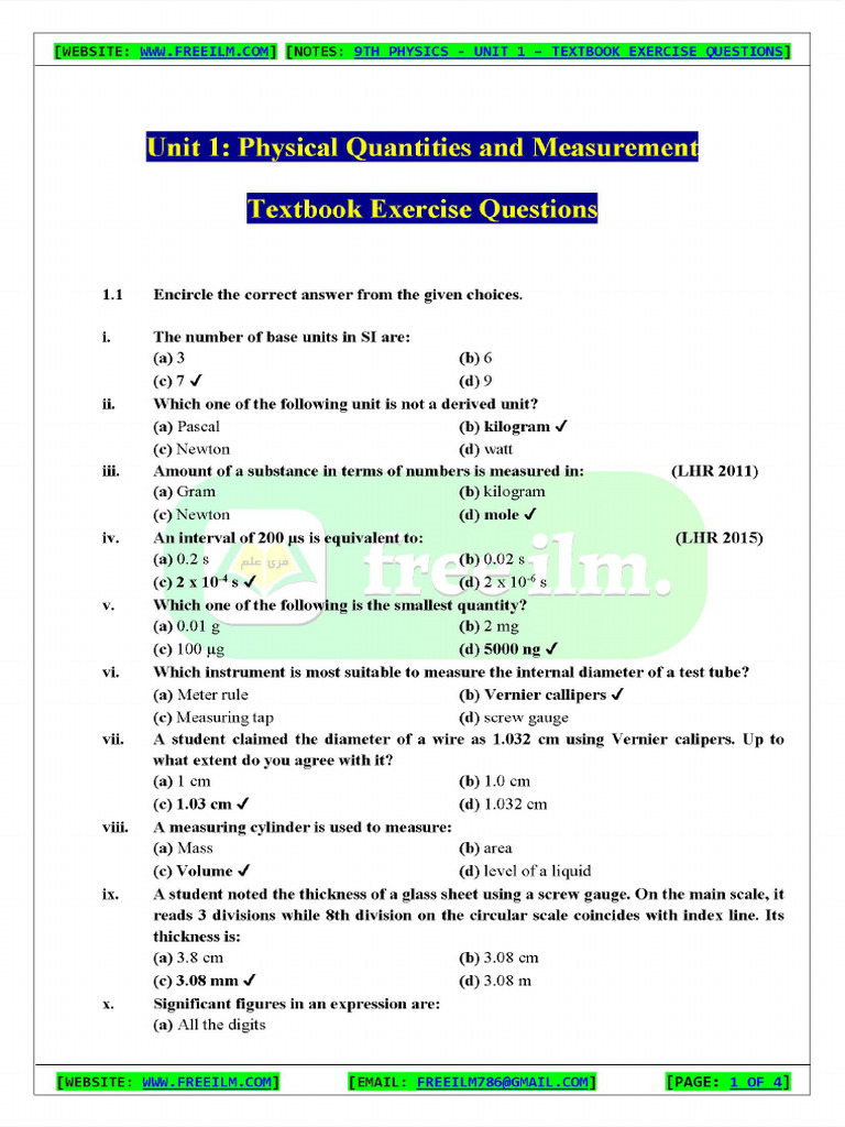 9th Phy CH 1 Exercise | PDF