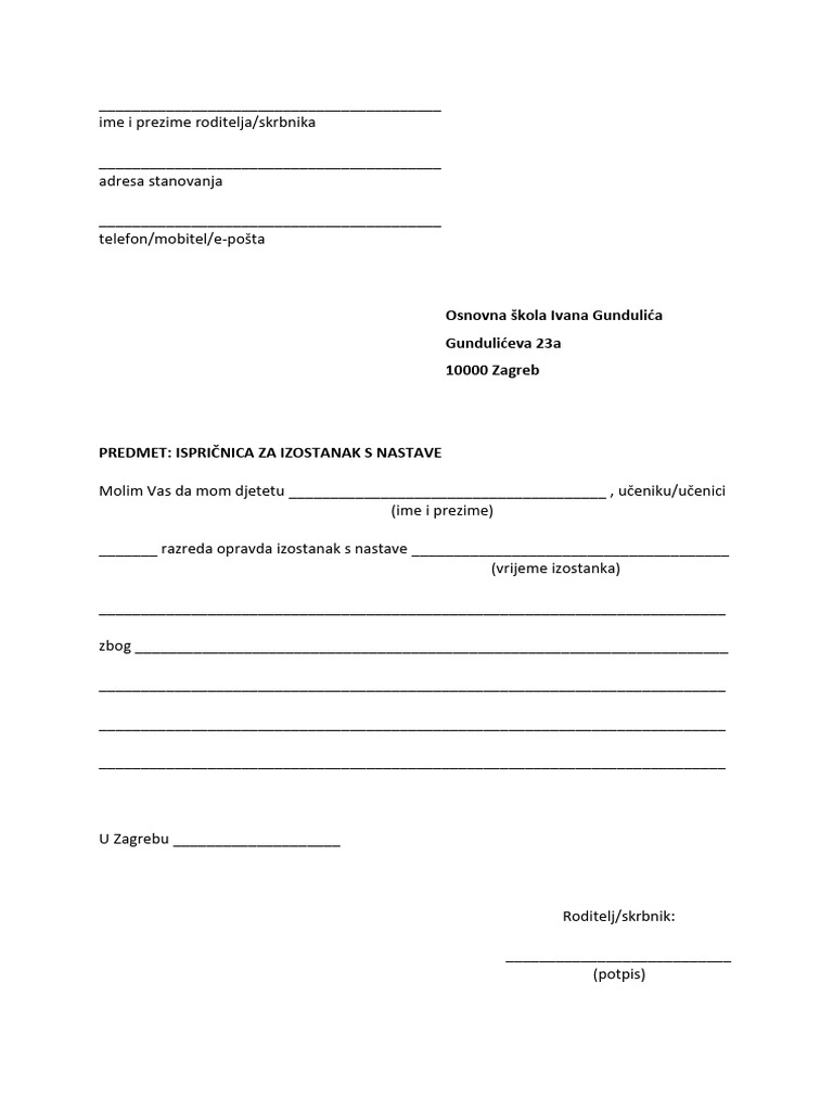 Obrazac Ispričnice - Roditelj | PDF
