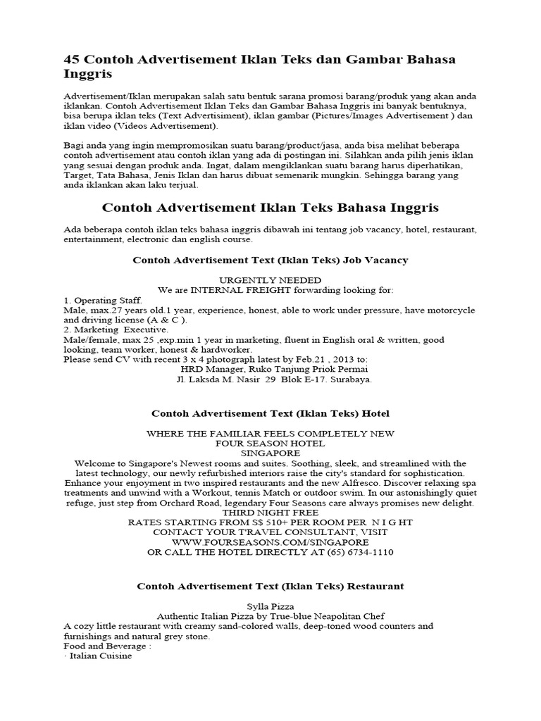45 Contoh Advertisement Iklan Teks Dan Gambar Bahasa Inggris | PDF ...