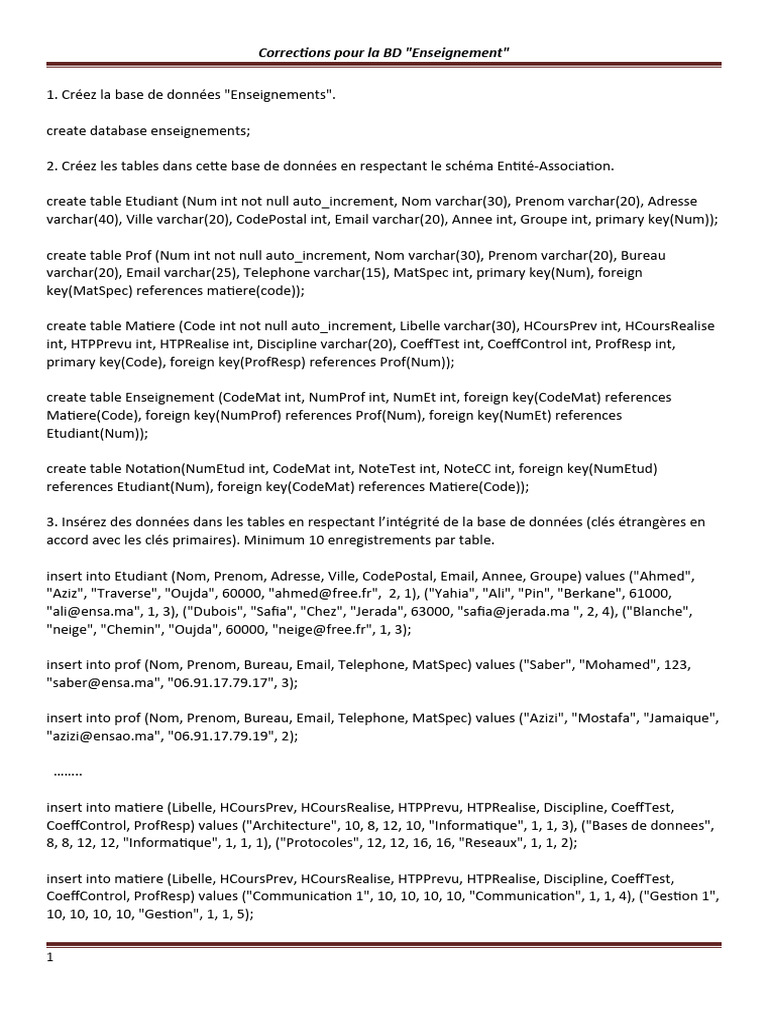 BD ENSA Corrections TP Enseignement | PDF