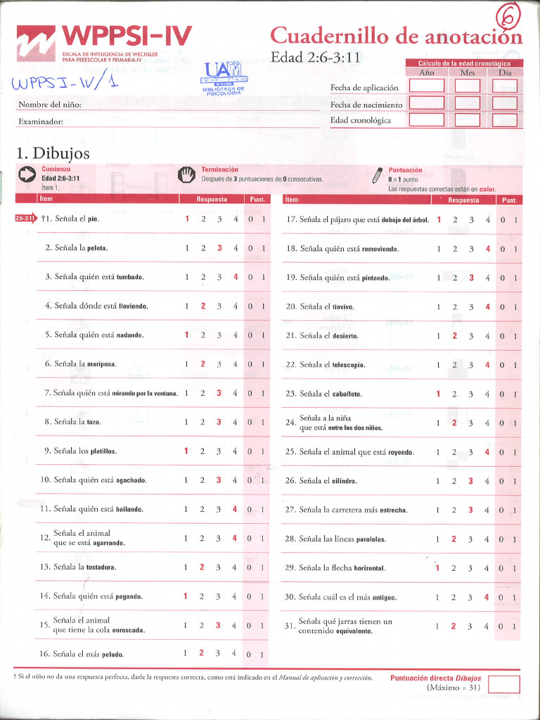 WPPSI IV - CUADERNILLO DE ANOTACION de 2 A 3 Años #6 | PDF