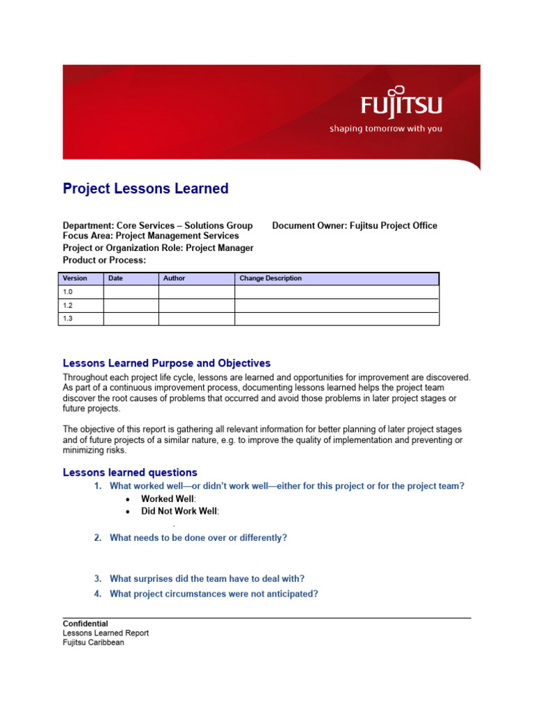 FCPM024 Lessons Learned Document | PDF | Project Management | Planning FCPM024 Lessons Learned Document | PDF | Project Management | Planning