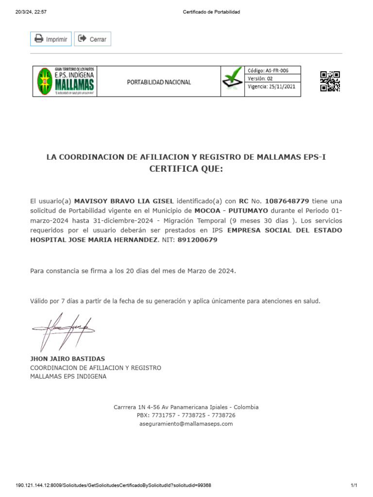 La Coordinacion de Afiliacion Y Registro de Mallamas Eps-I: Certifica Que | PDF | Finanzas y dinero