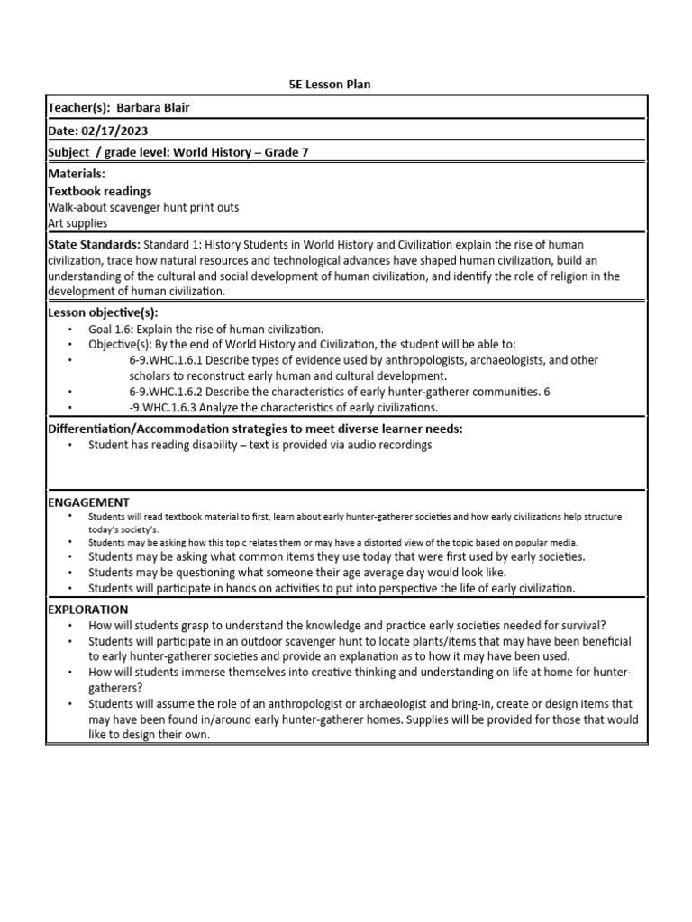 Edu 120 - Hunter-Gatherer Lesson Plan | PDF