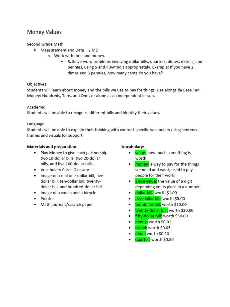 Math 257 - Signature Lesson Plan | PDF | Vocabulary | Money