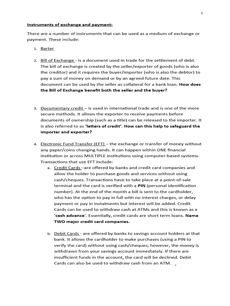 Instruments of Exchange and Payment | PDF | Cheque | Credit Card