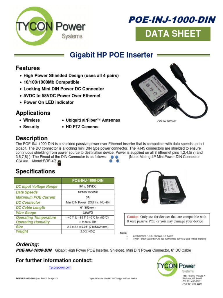 POE-INJ-1000-DIN Gigabit POE Inserter Spec Sheet | PDF | Electrical ...