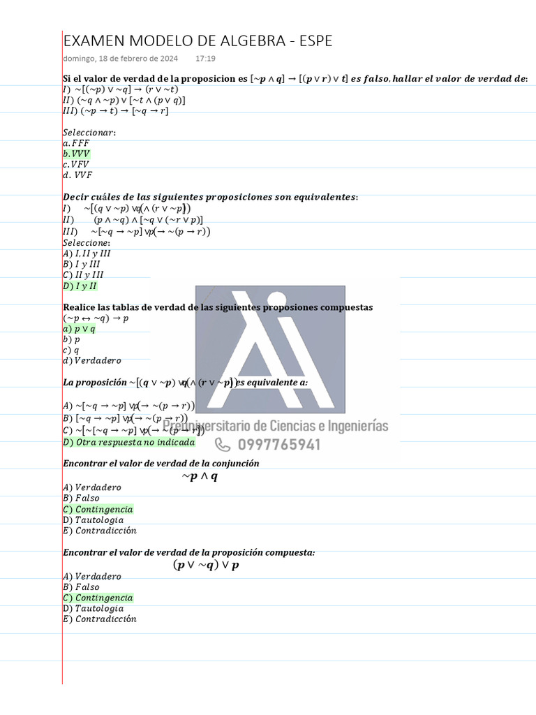 Examen Modelo Espe - Algebra | PDF | Lógica matemática | Sintaxis (Lógica)