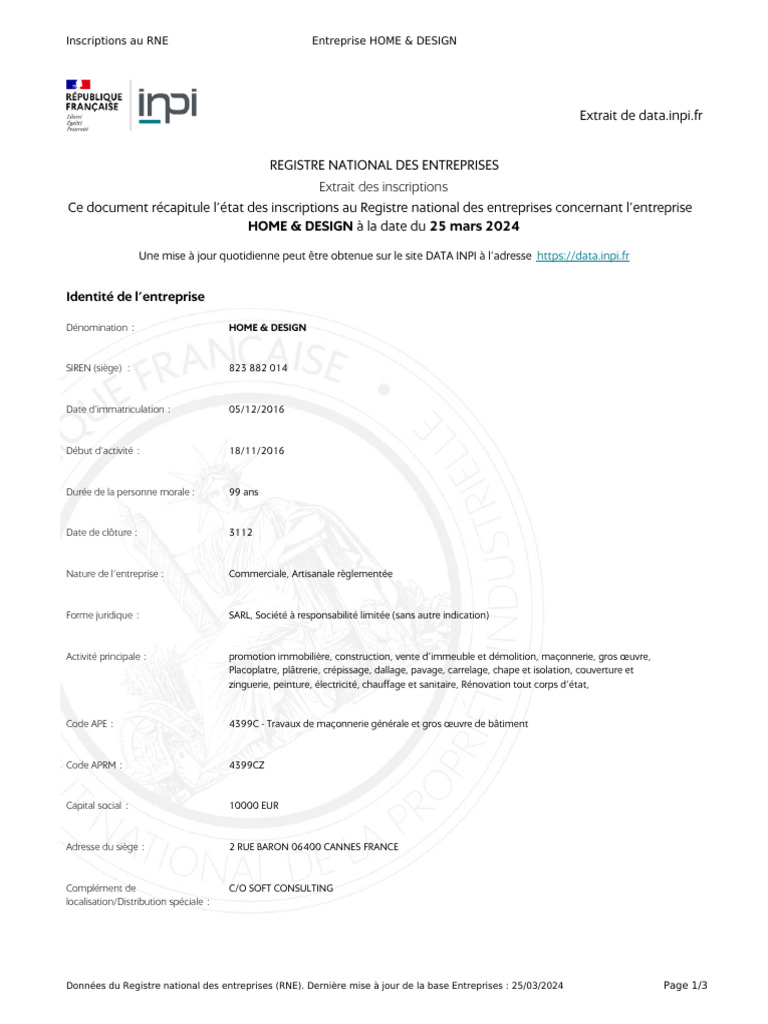 HOME & DESIGN - Extrait INPI | PDF