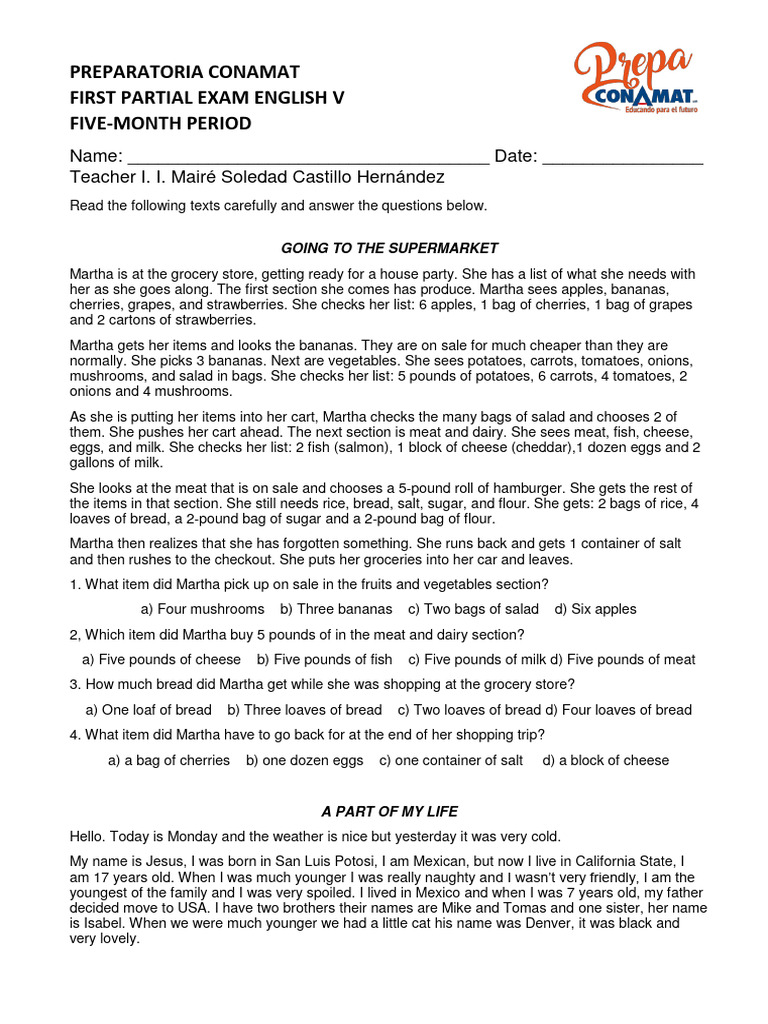 Fisrt Partial Exam English V | PDF