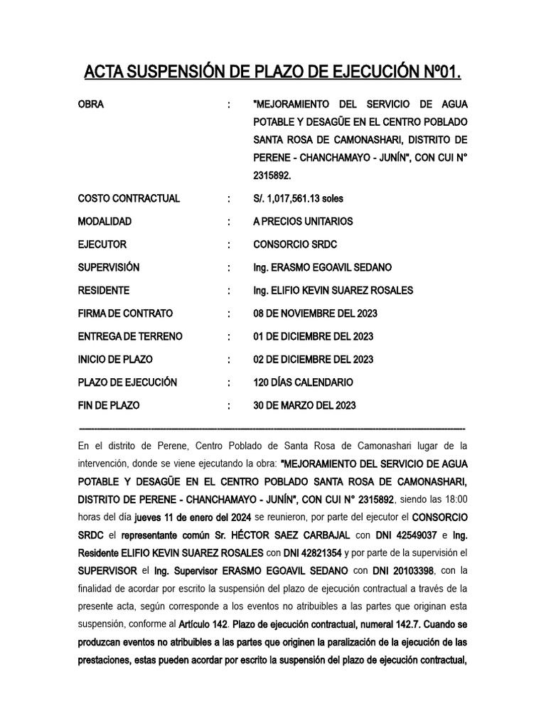 Acta Suspensión de Plazo de Ejecución Nº01 | PDF