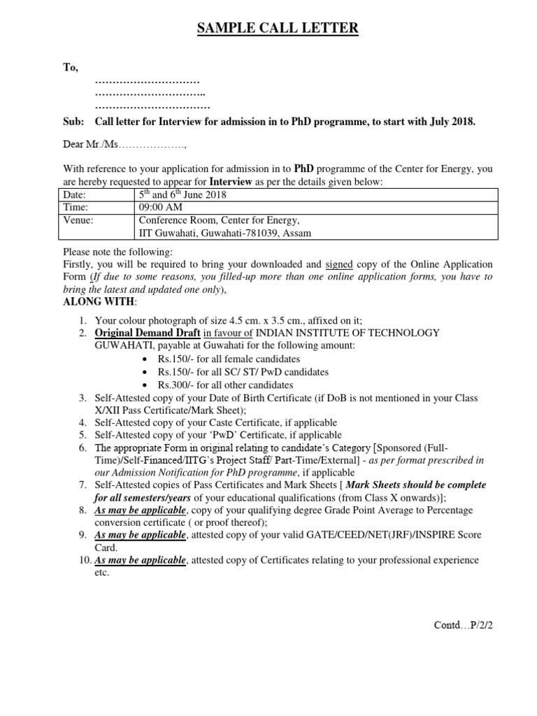 IITG PhD Interview Call Letter | PDF