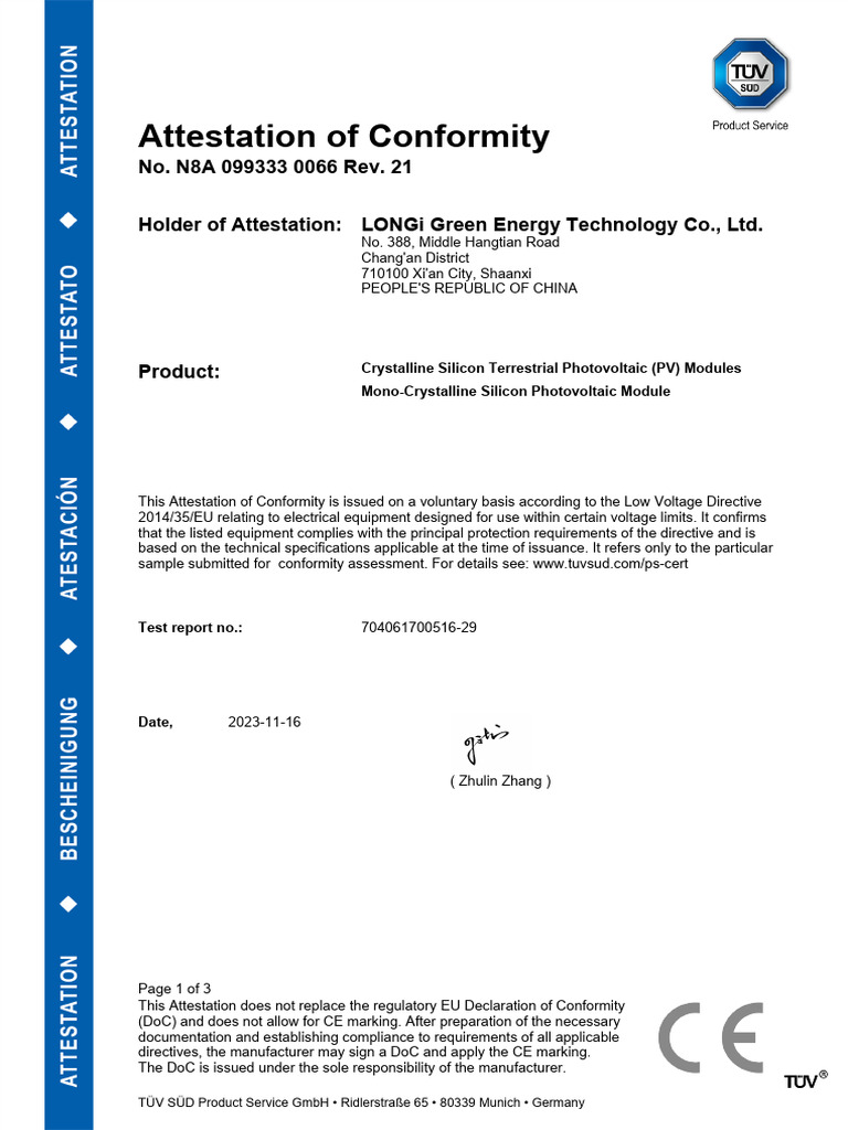 TUV SUD CE Certificate (1500V New Standard) | PDF | Photovoltaics | Electrical Engineering