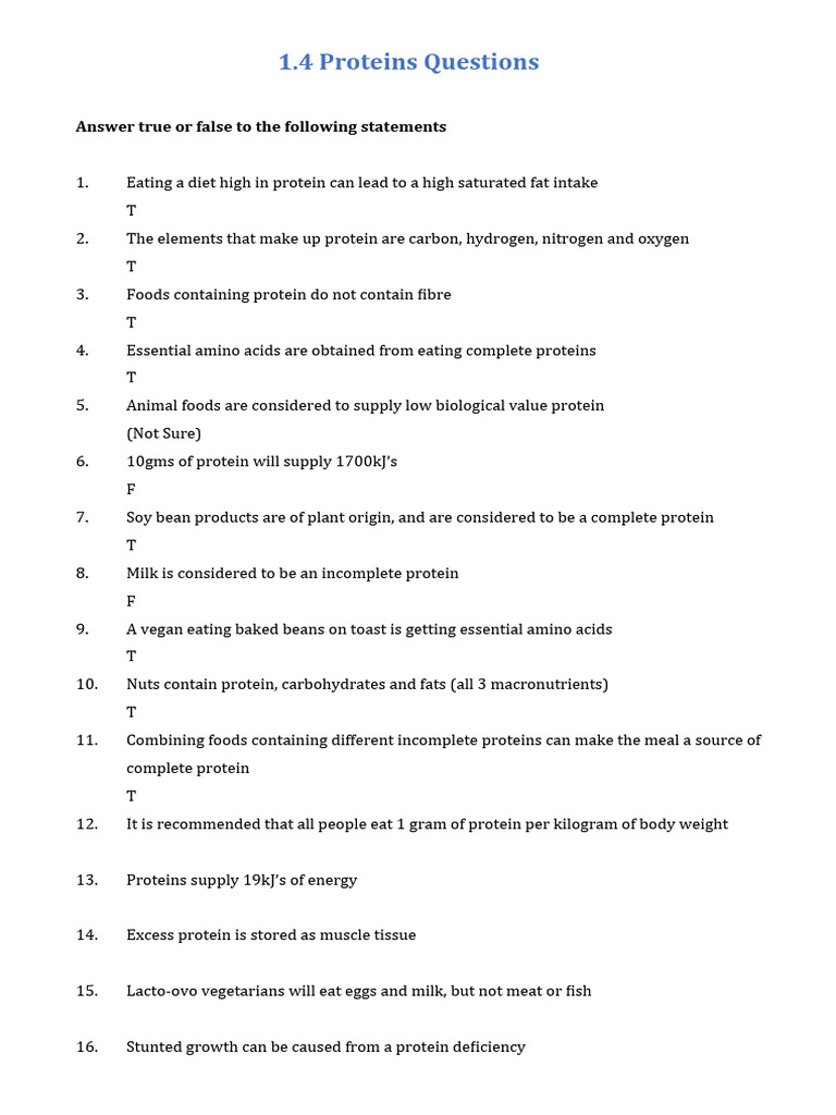 1.4 Proteins Questions | PDF | Foods | Nutrition