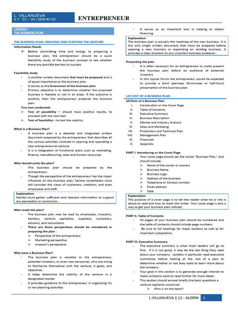 Entrep Reviewer 1 | PDF | Entrepreneurship | Business Plan