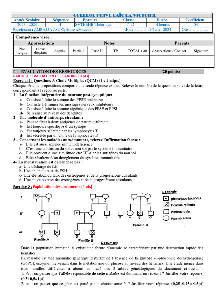 Séq 4 TD SVTEEHB Théorique Coplavi 2023-2024 | PDF