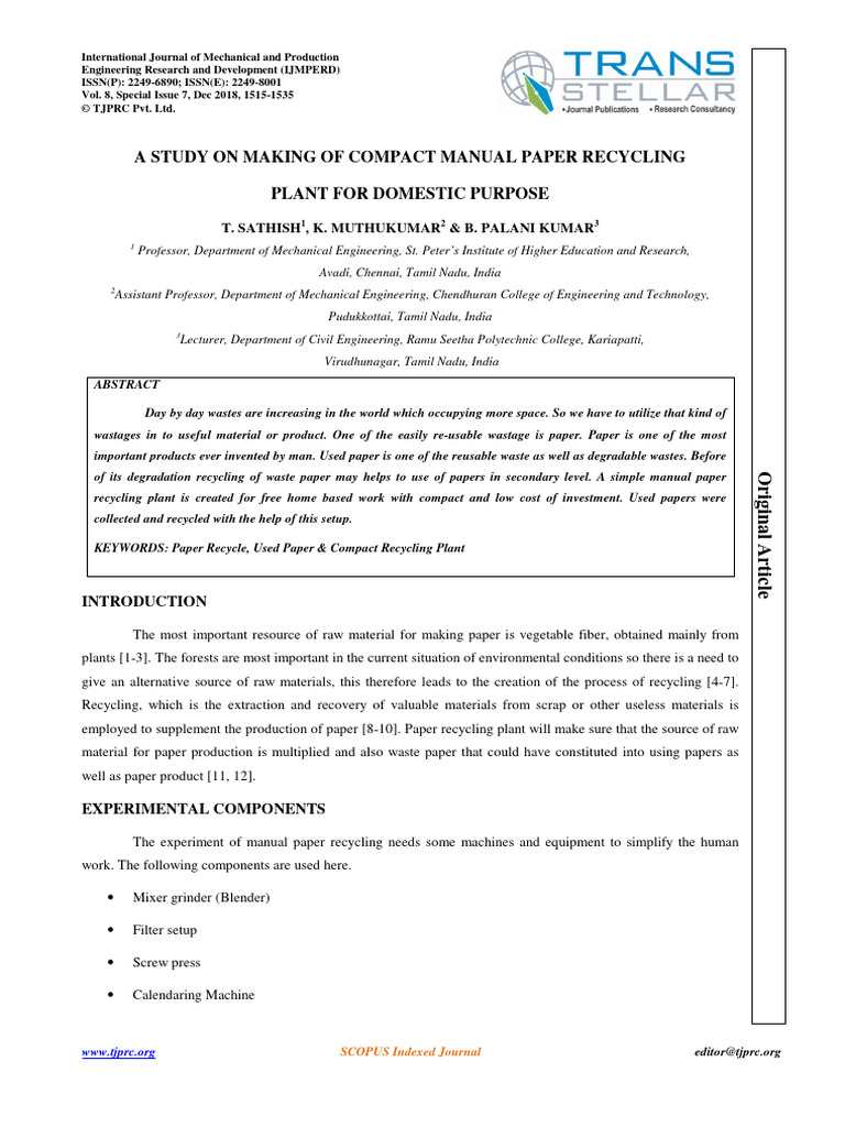 A Study On Making of Compact Manual Paper Recycling Plant For Domestic Purpose | PDF | Paper ...