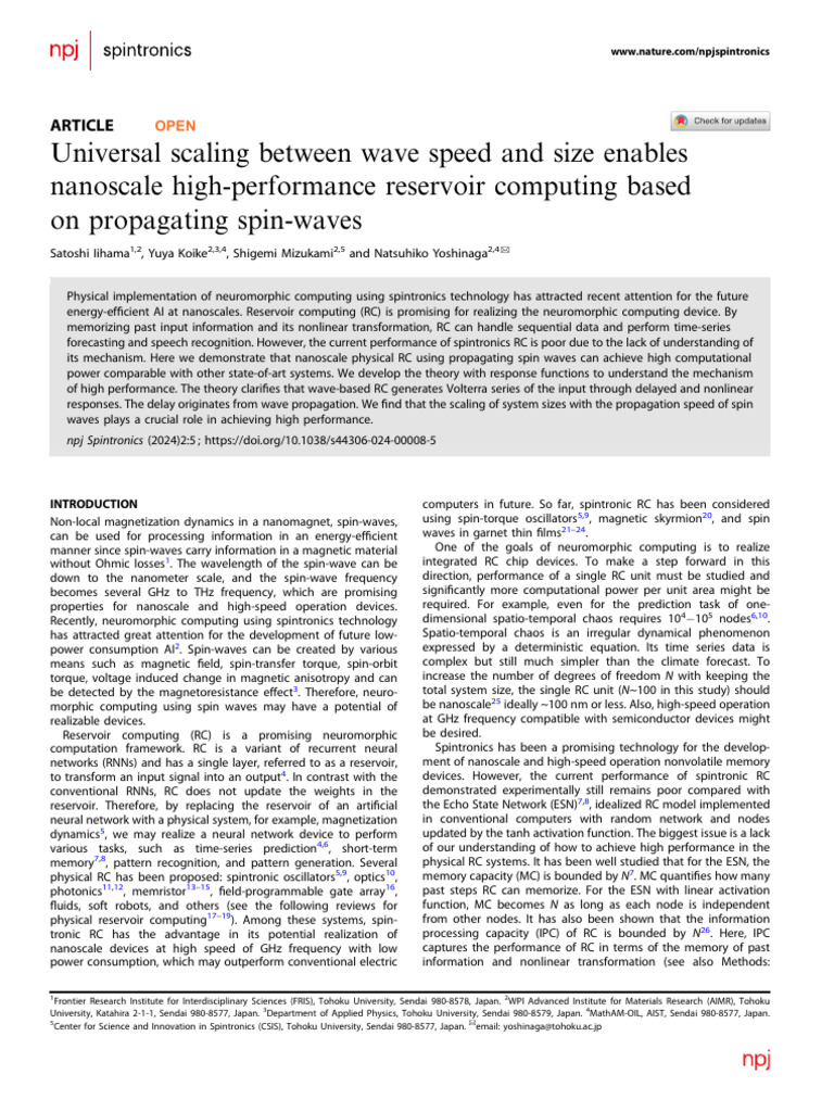 Universal Scaling Between Wave Speed and Size Enables Nanoscale High-Performance Reservoir ...