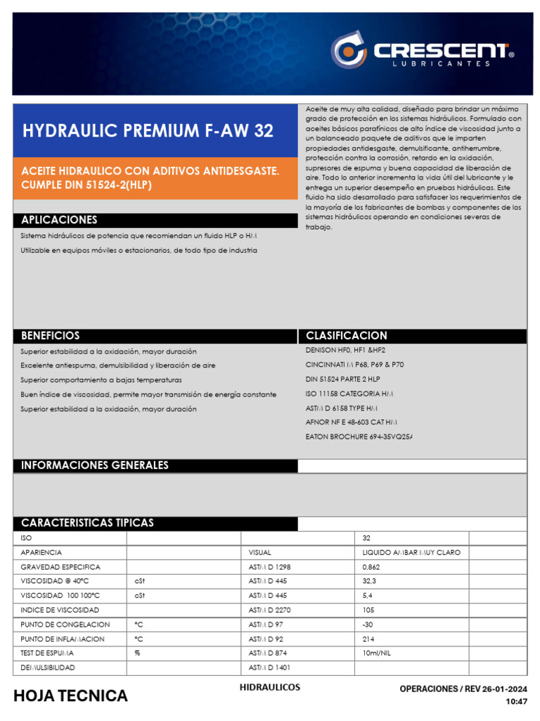 Hoja Técnica Hydraulic Premium F-Aw 32 | PDF | Ingeniería mecánica ...
