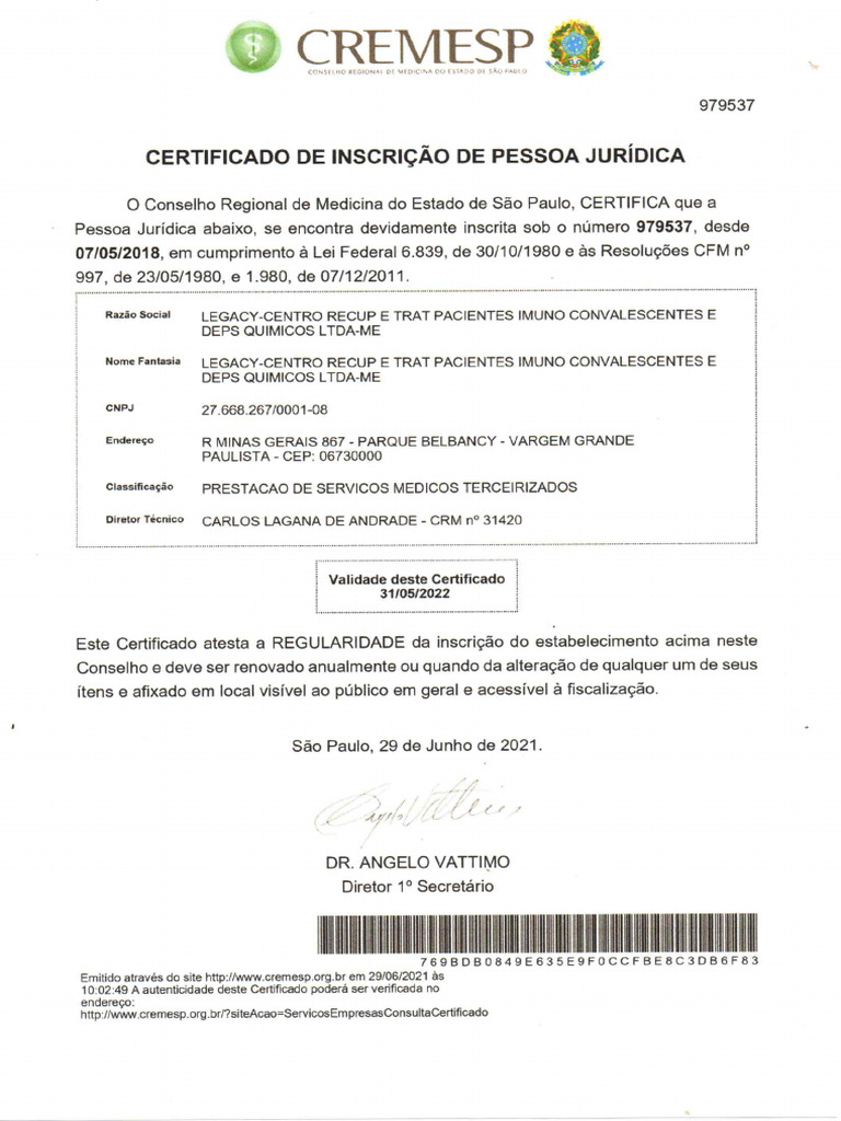 Certificado CREMESP | PDF