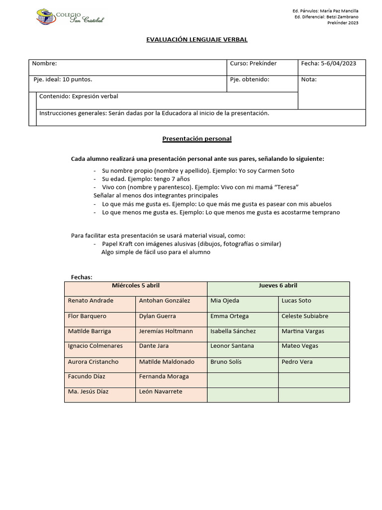 Evaluación Lenguaje Verbal Pre Kínder Pdf 9617