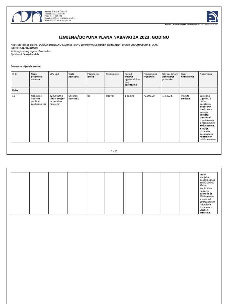 Dopuna Plana Javne Nabavke Za 2024. Godinu | PDF