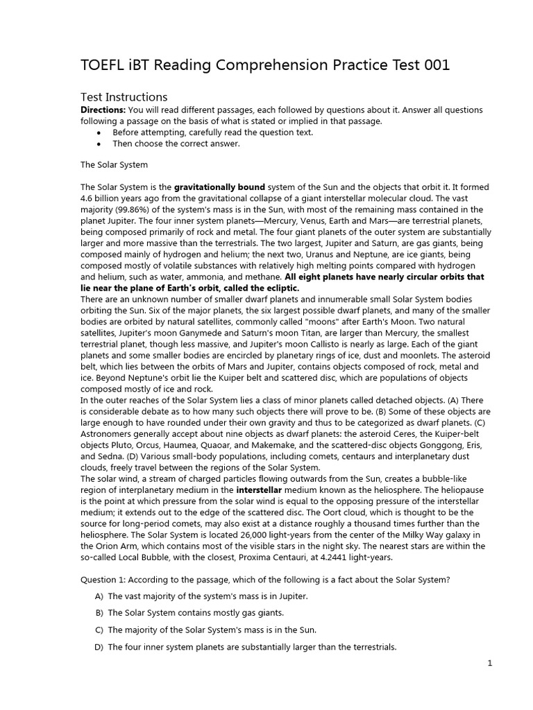 TOEFL iBT Reading | PDF | Solar System | Planets