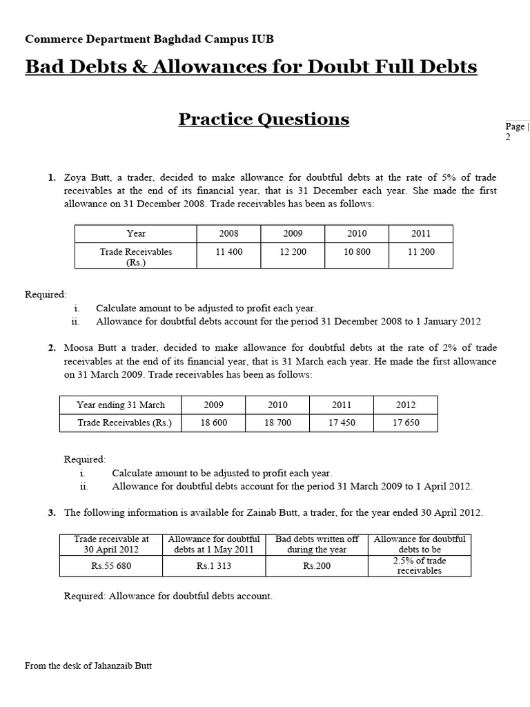 Doubtful Debts Practice Questions | PDF | Bad Debt | Personal Finance