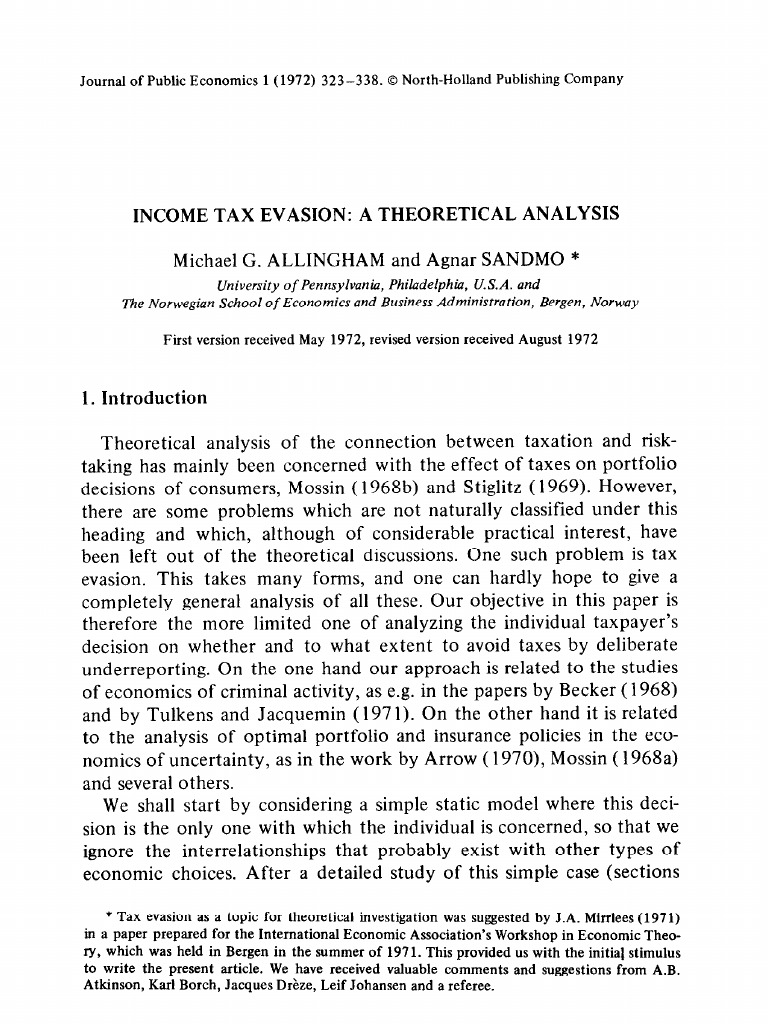 Allingham-Sandmo (JPubE72) | PDF | Taxpayer | Tax Evasion