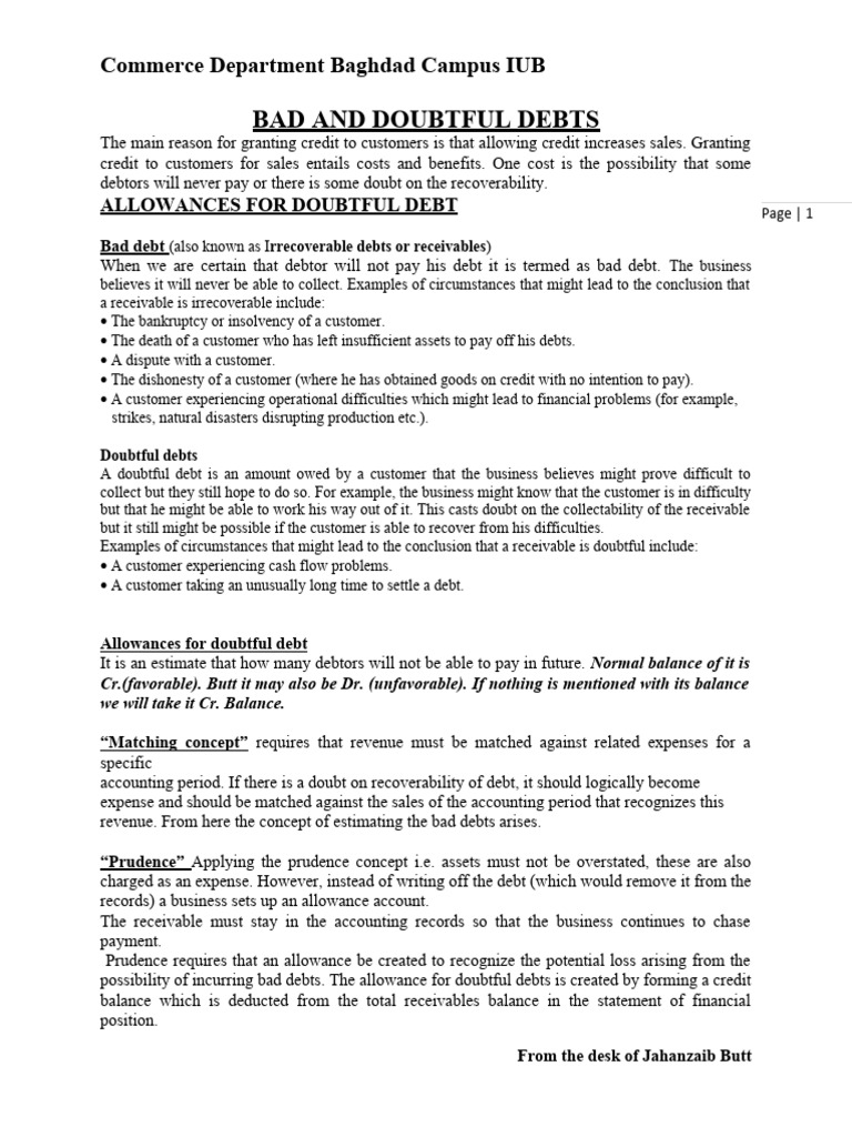 Theory BAD AND DOUBTFUL DEBTS | PDF | Bad Debt | Debits And Credits