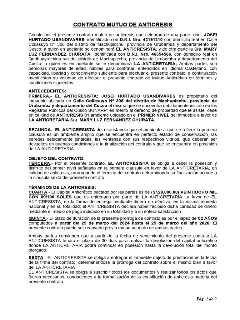 CONTRATO DE ANTICRESIS DE JOSEI Mariluz | PDF | Ciencias sociales | Derecho