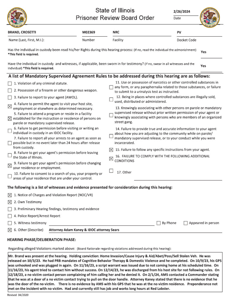 Crosetti Brand Prisoner Review Board order | PDF