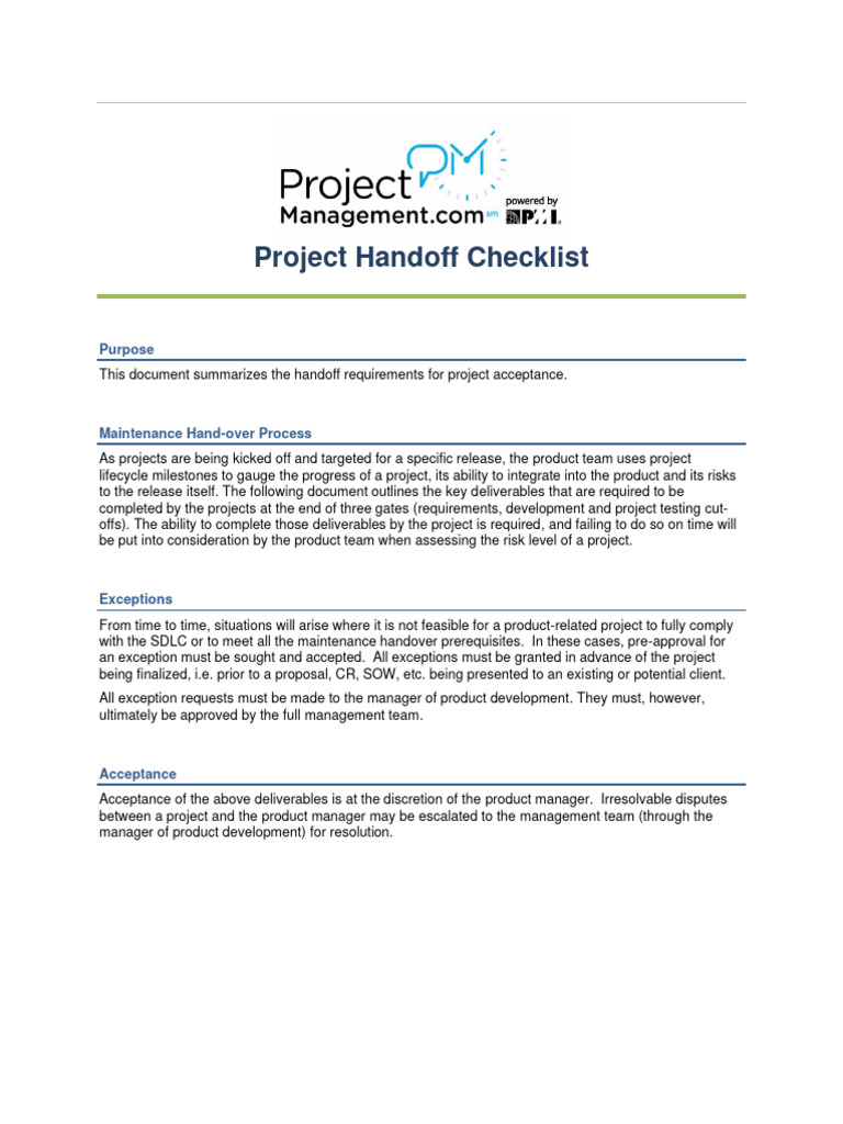 Project Handoff Checklist | Download Free PDF | Documentation Project Handoff Checklist | Download Free PDF | Documentation