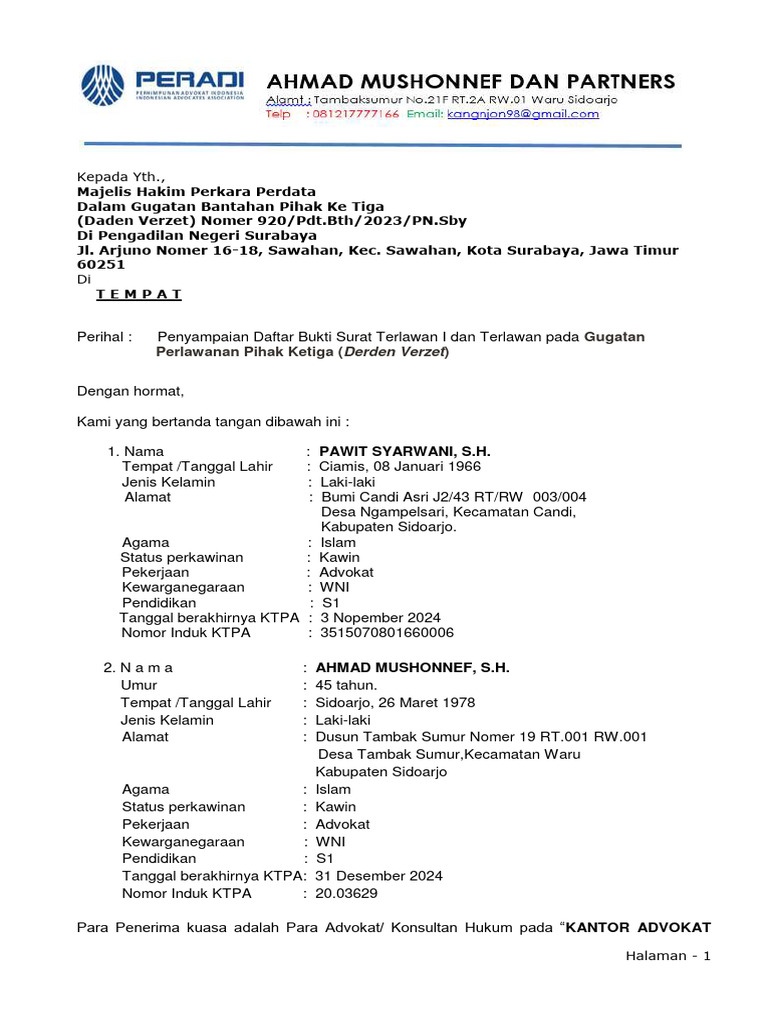 Daftar Bukti 920 G BTH 2023 PN Sby Terlawan I Dan Terlawan Ii Leges | PDF
