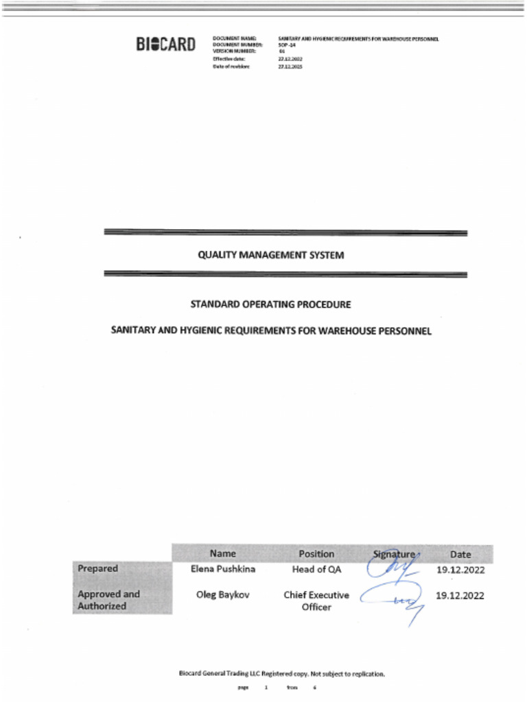 SOP-14-01 Sanitary and Hygienic Requirements For Warehouse Personnel | PDF