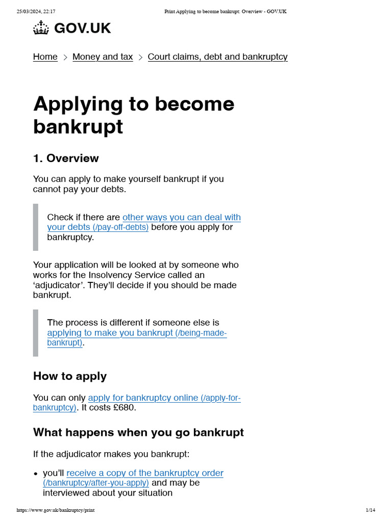 Print Applying To Become Bankrupt - Overview - GOV - UK | PDF ...