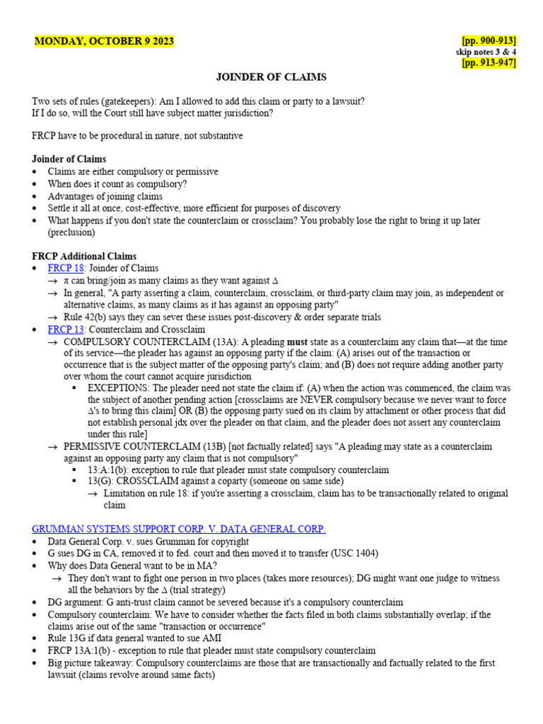 Joinder of Claims and Counterclaims Overview | PDF | Law
