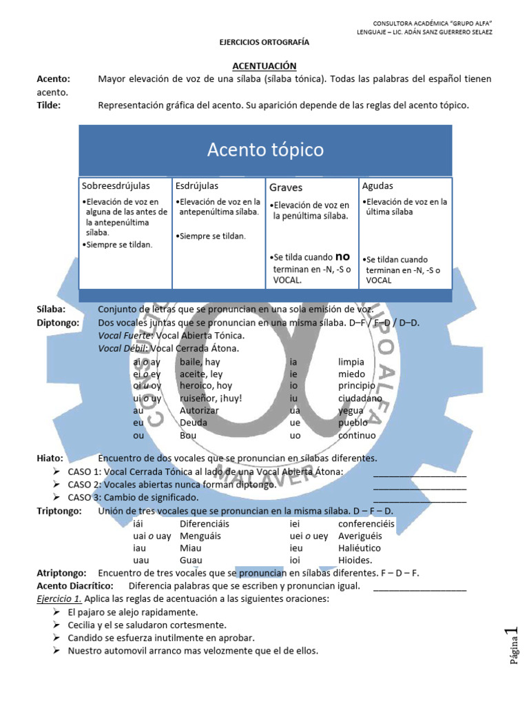 Guía Ejercicios Ortografía Acento Signos Puntuación y Grafemática | PDF