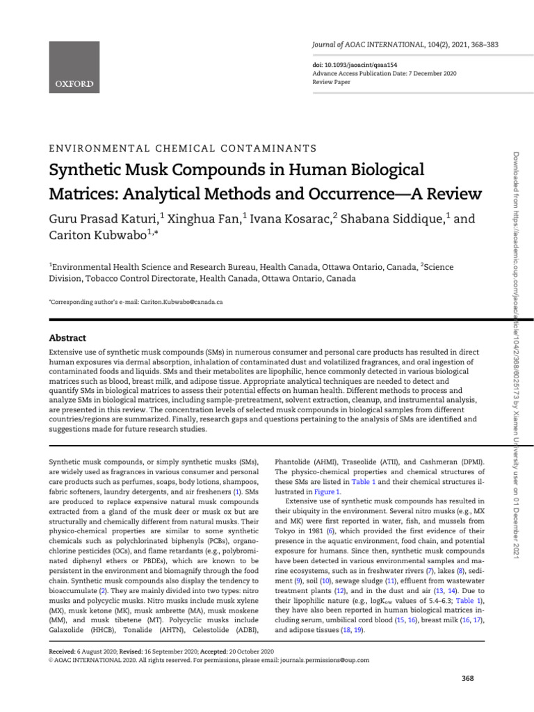 Synthetic Musk Compounds in Human Biological Matrices: Analytical ...