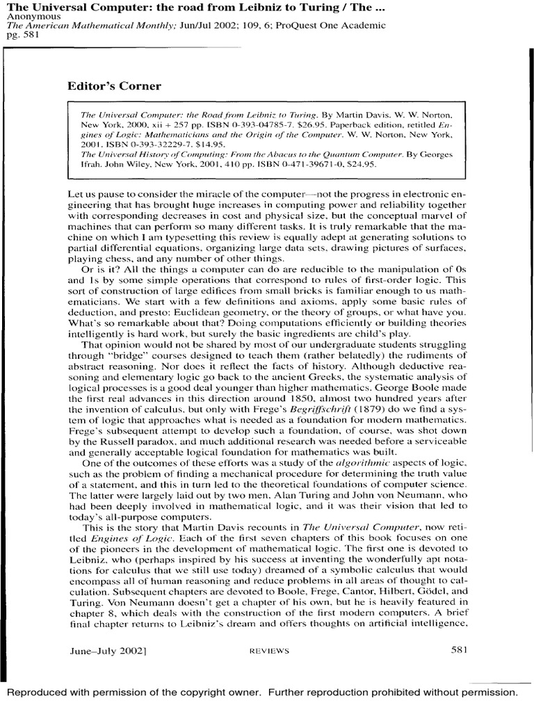 Week 1 - The Universal Computer - The Road From Leibniz To Turing | PDF