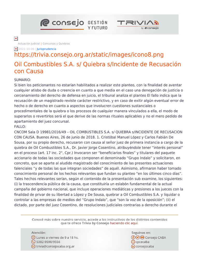 502980-Oil Combustibles S.A. S Quiebra Sincidente de Recusacion Con Causa | PDF | Bancarrota ...