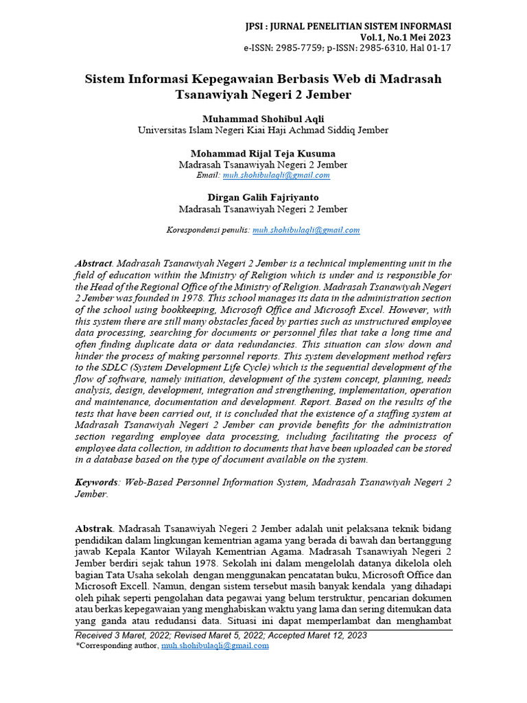 01-16 Sistem Informasi Kepegawaian Berbasis Web Di Madrasah Tsanawiyah Negeri 2 Jember | PDF ...
