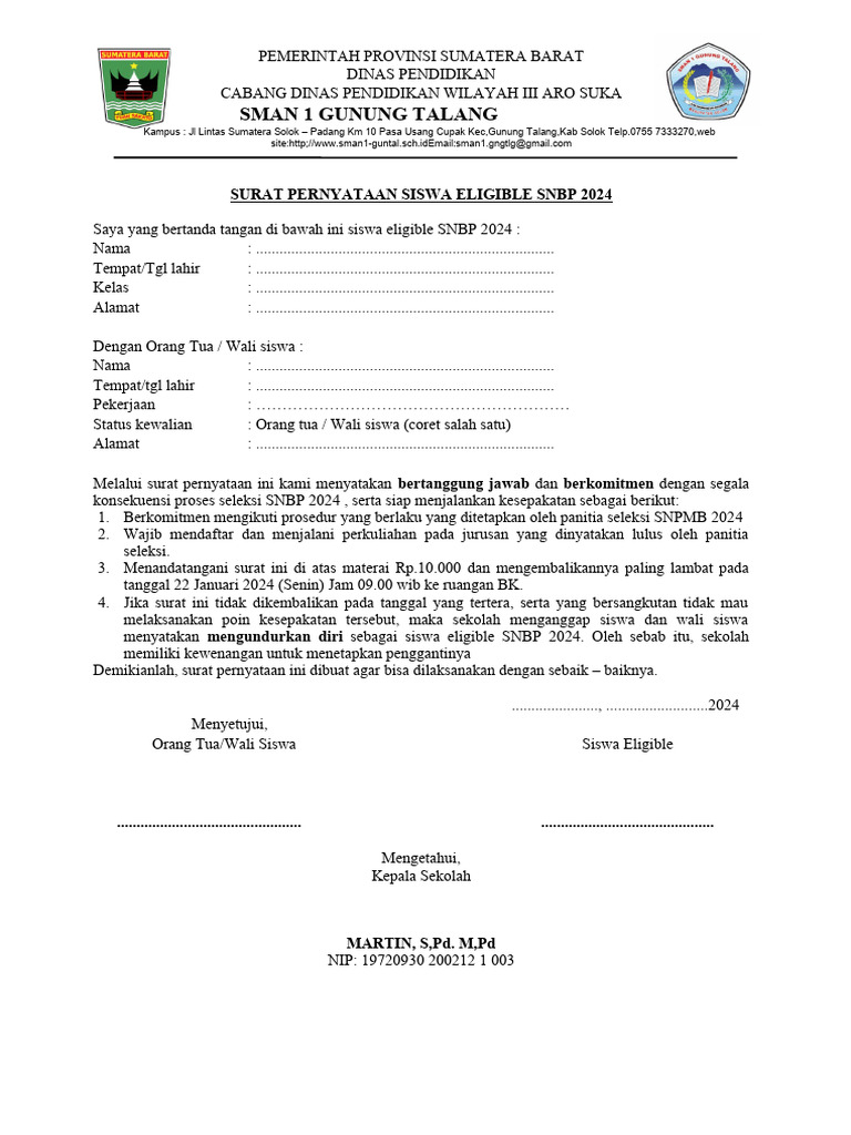 Surat Pernyataan Siswa Eligible SNBP 2024 | PDF