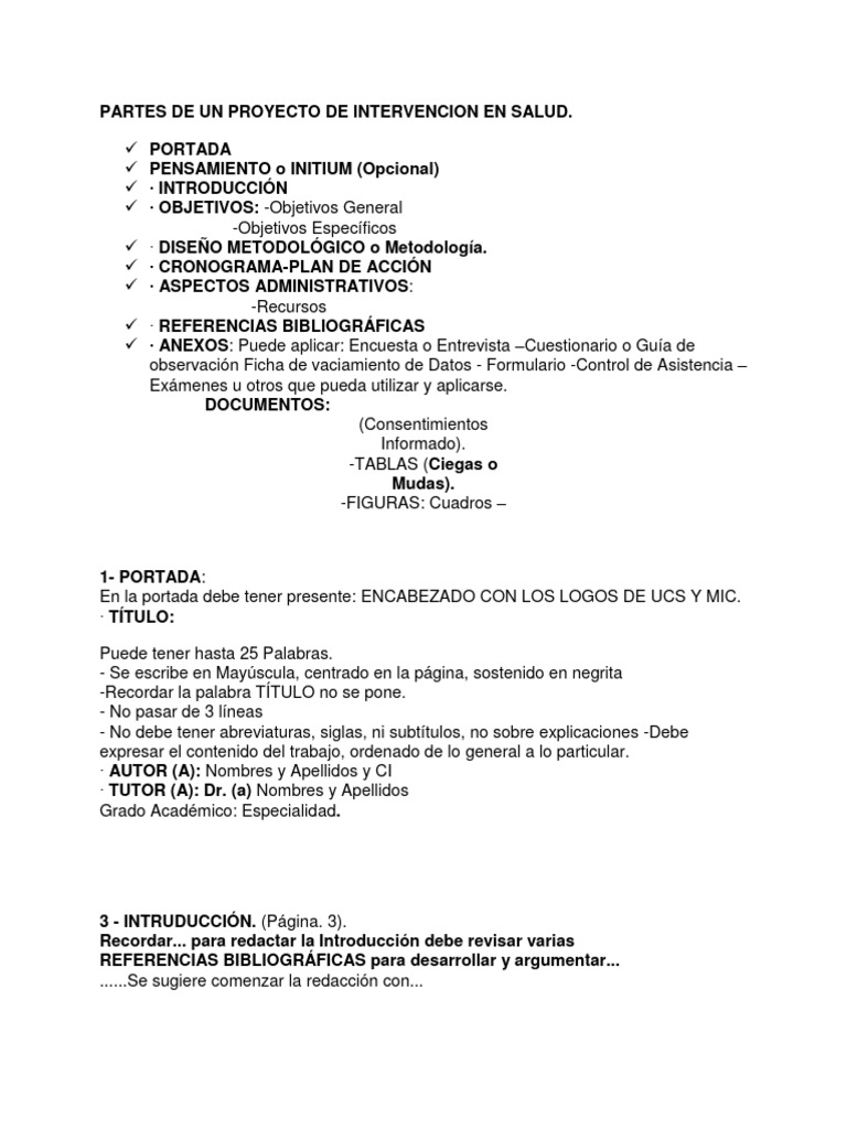 Partes De Un Proyecto De Intervencion En Salud Pdf Citación 7845