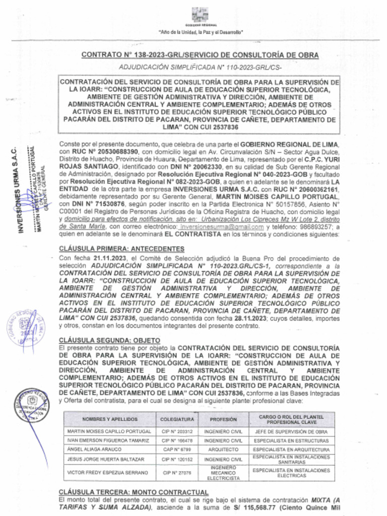 Contrato 138-2023 - Supervision de Obra Pacaran Cañete - As 110-2023 | PDF