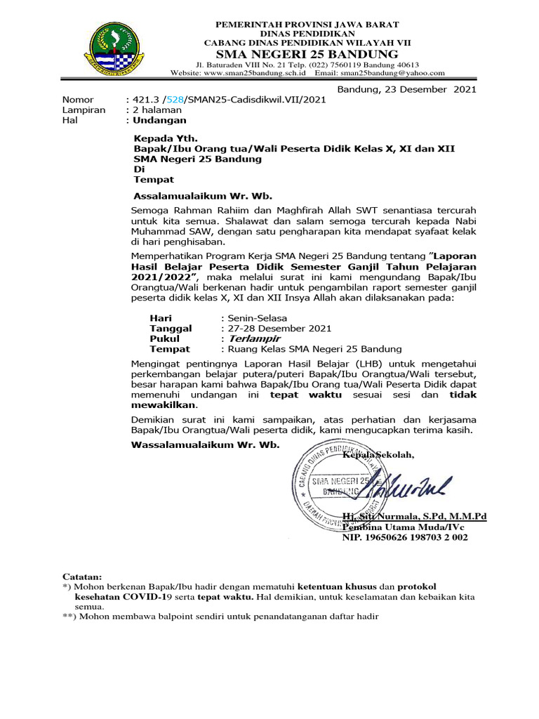 SURAT UNDANGAN PEMBAGIAN LHB SEMESTER GANJIL DESEMBER 2021 | PDF