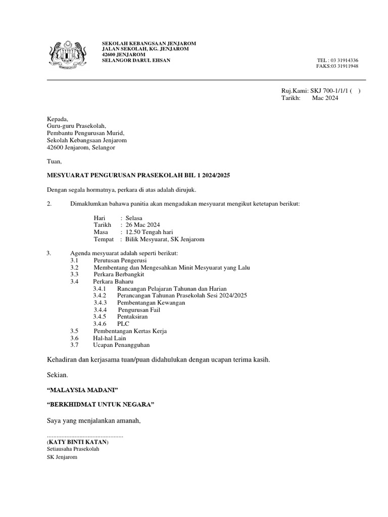 surat panggilan mesyuarat pra bil 1 2024 | PDF