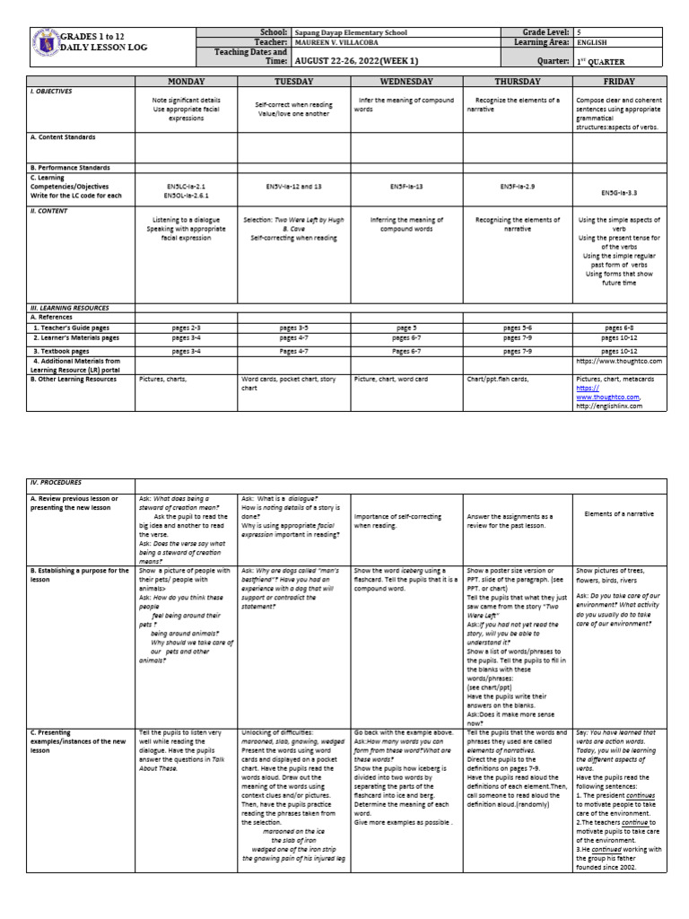 DLL_ENGLISH 5_Q1_W1-2022 | PDF | Word | Verb