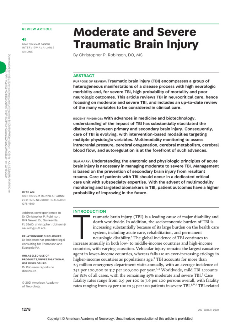 Managing Moderate to Severe TBI | PDF | Traumatic Brain Injury | Coma